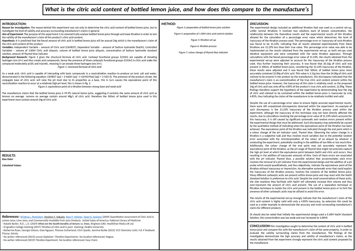 VCE Chemistry Units 3 & 4 Scientific Poster: Citric Acid in Lemon Juice ...