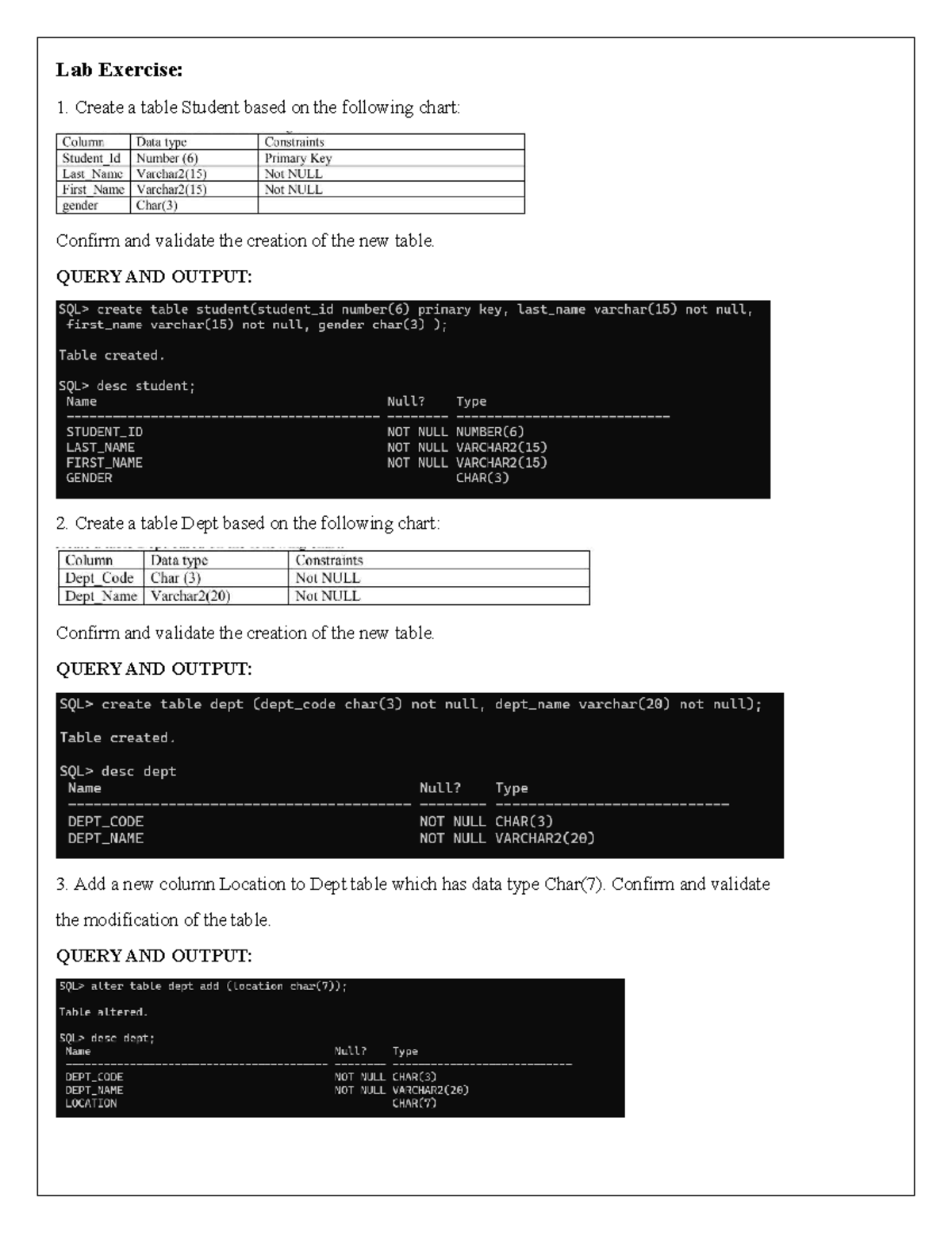 LAB01 - SQL Lab Exercise: Table Creation & Data Management Tasks - Studocu