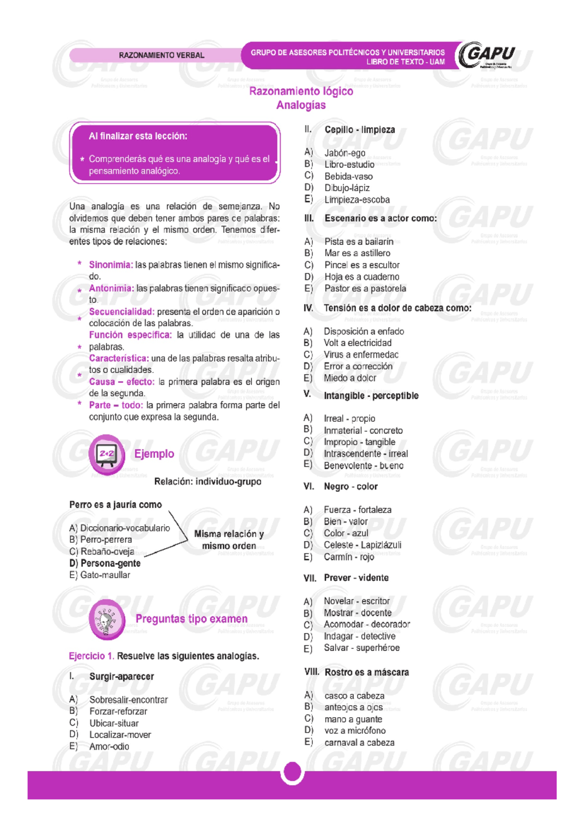 Ejercicios de Analogías - RAZONAMIENTO VERBAL UAM - Studocu