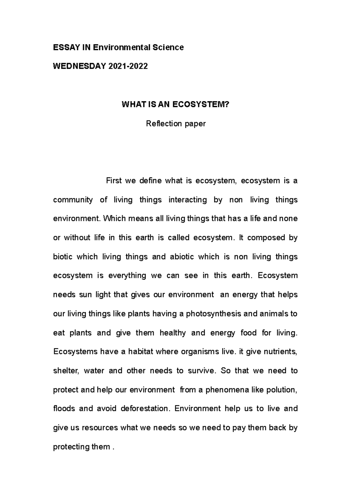 ES 101: Ecosystem Reflection Paper on Environmental Science - Studocu
