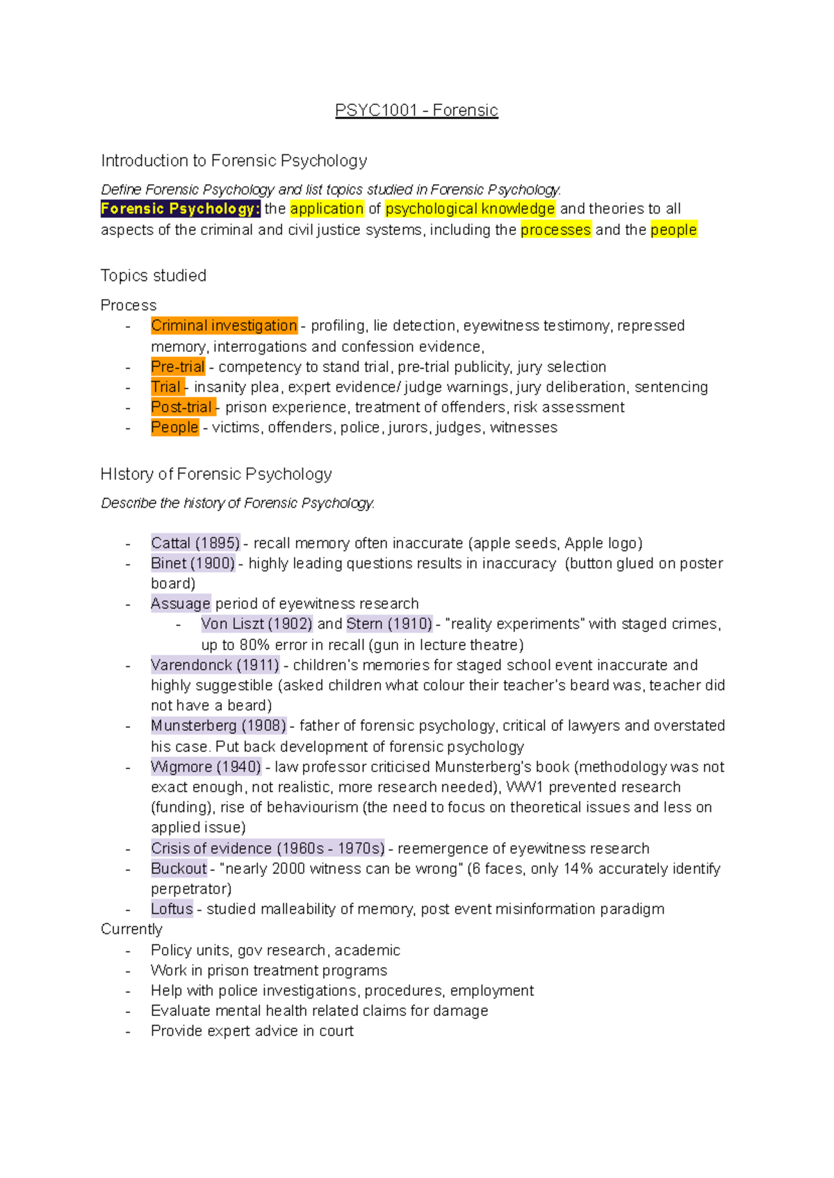 PSYC1001 - Comprehensive Overview of Forensic Psychology Concepts - Studocu