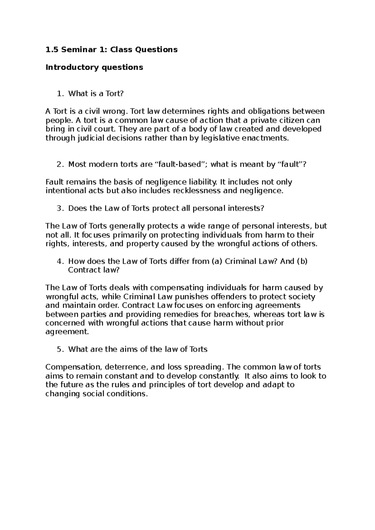 1.5 Seminar 1: Class Questions on Tort Law Principles and Cases - Studocu