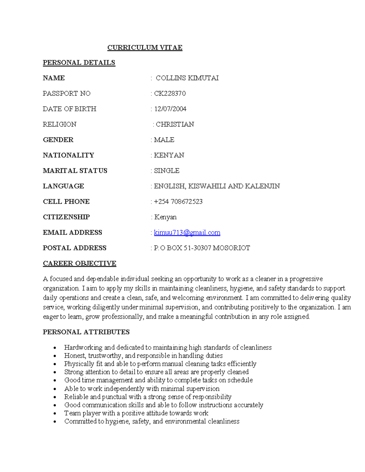 Collins Kimutai CV - Personal Details and Career Objective - Studocu