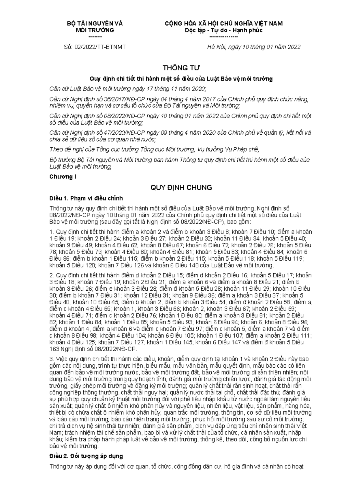 Thông tư 02/2022/TT-BTNMT: Quy định chi tiết thi hành Luật Bảo vệ môi trường - Studocu