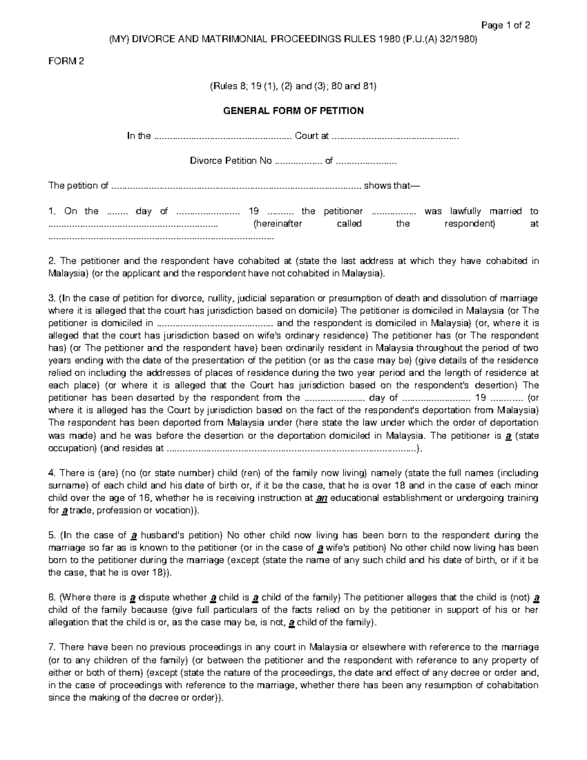 FORM 2- General Petition - Page 1 of 2 (MY) DIVORCE AND MATRIMONIAL ...