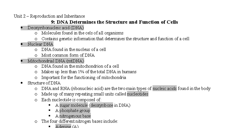 Chapter 9: DNA Structure, Function, and Protein Synthesis in Reproduction and - Studocu