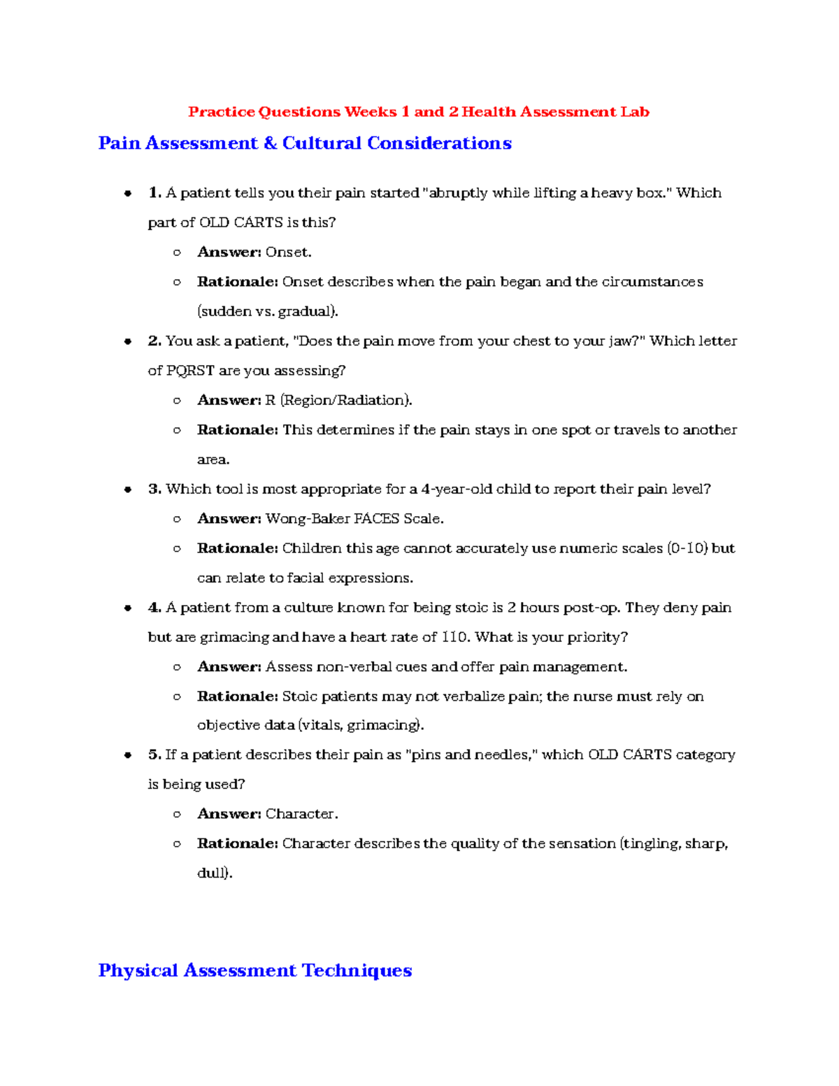 Health Assessment Lab Practice Questions: Weeks 1 & 2 - Studocu