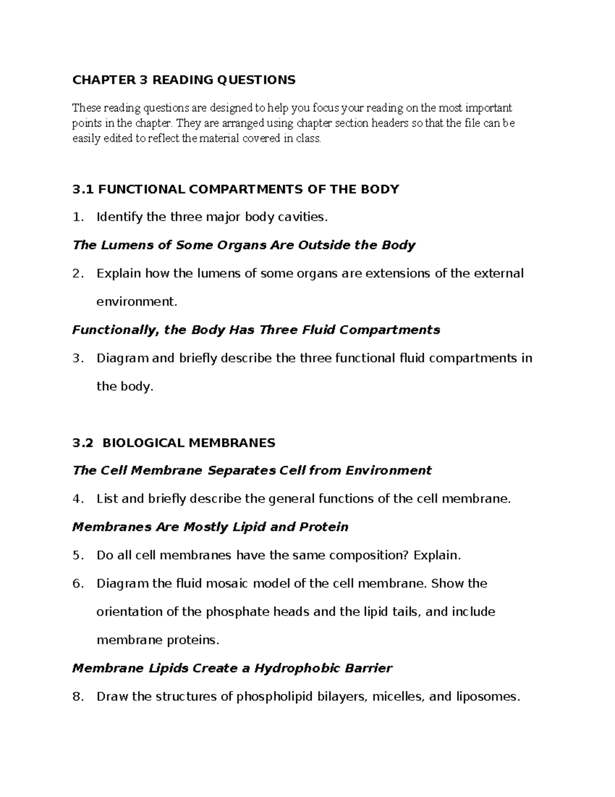 USC CHAPTER 3 READING QUESTIONS: BODY COMPARTMENTS & MEMBRANES - Studocu