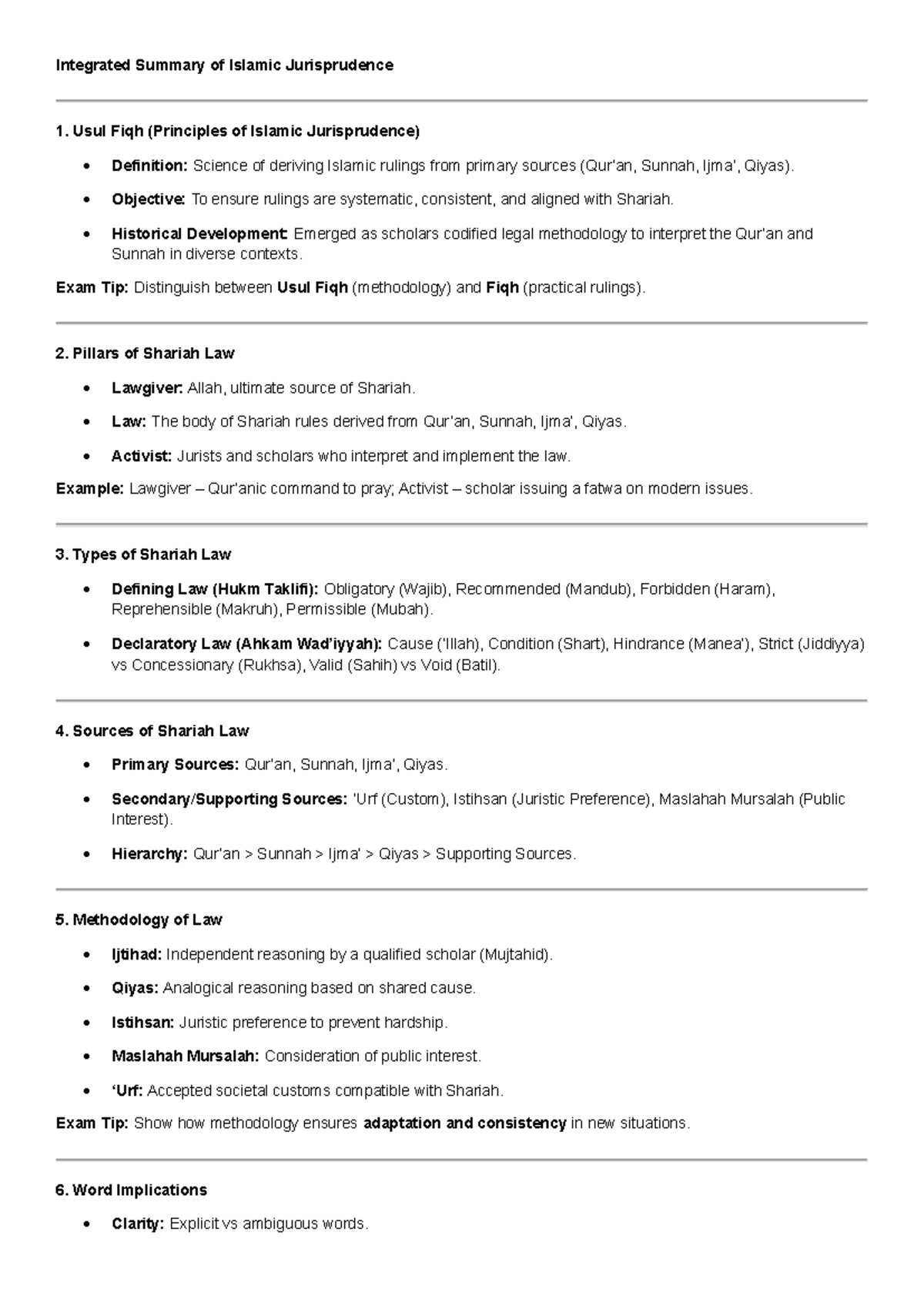 Integrated Summary of Islamic Jurisprudence 1: Usul Fiqh Overview - Studocu