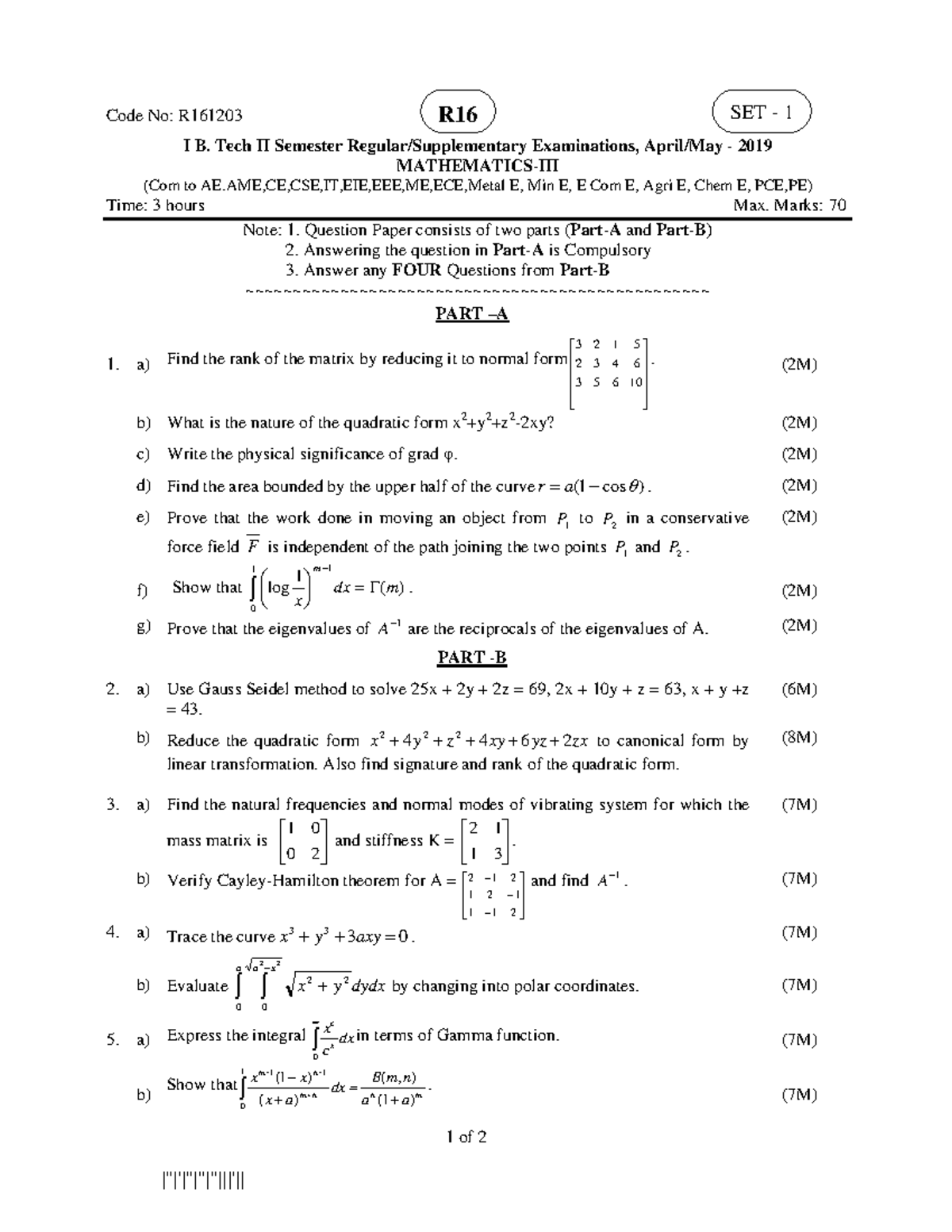 M III Question Papers - SET - 1 R16 Code No: R161203 I B. Tech II ...