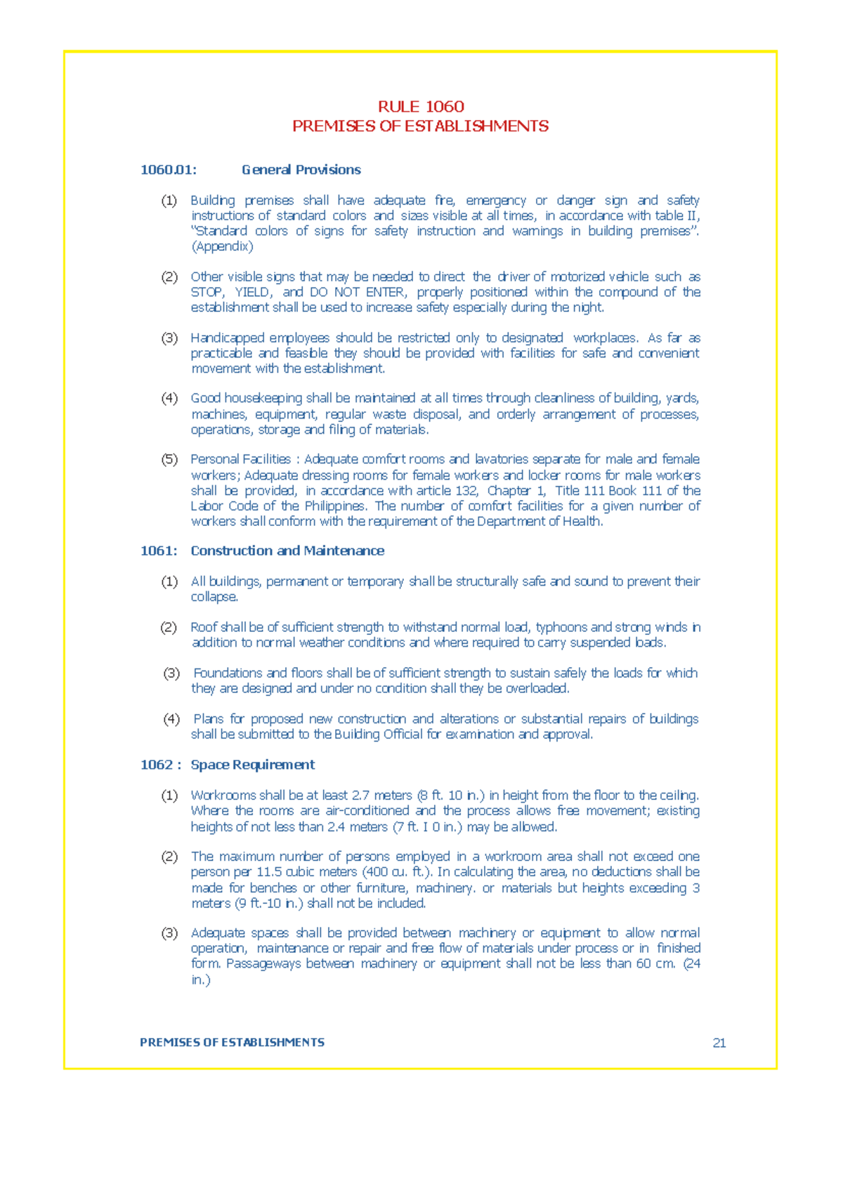 OSH 1060: Safety Standards for Establishments and Work Premises - Studocu