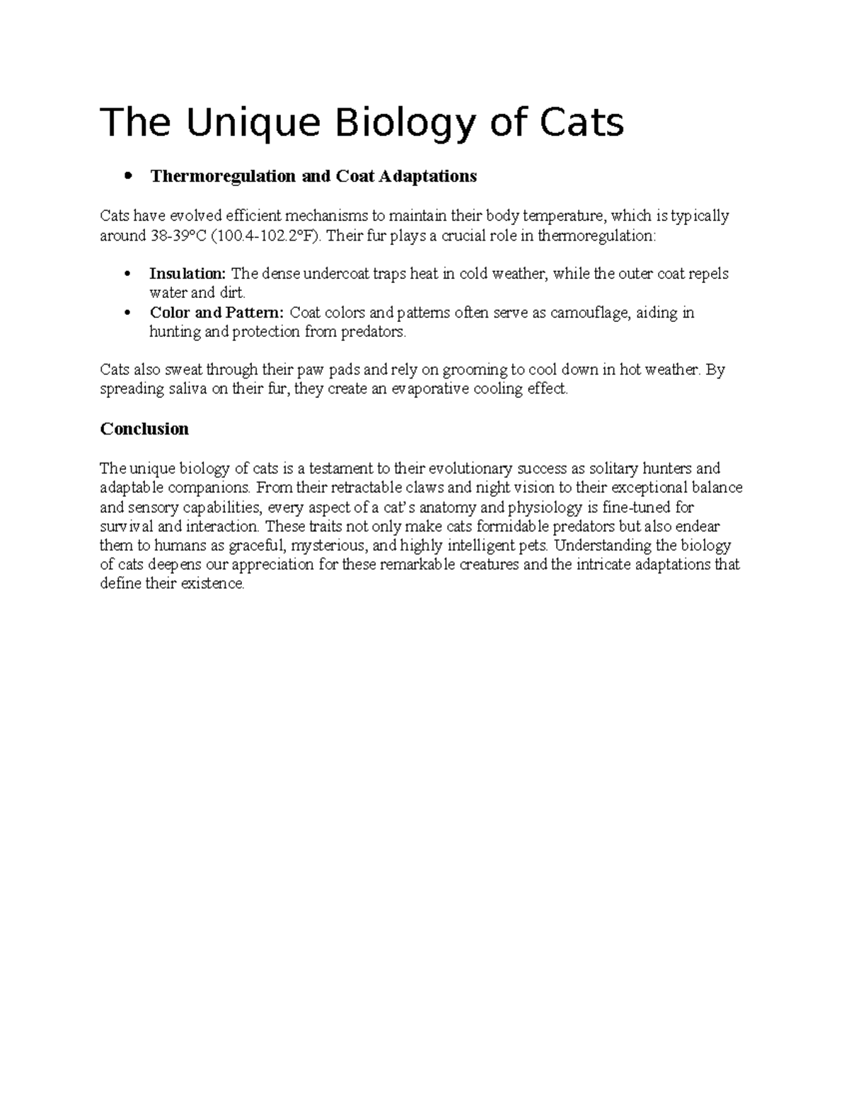 The Unique Biology of Cats - BIO-9 Lecture Notes - Studocu