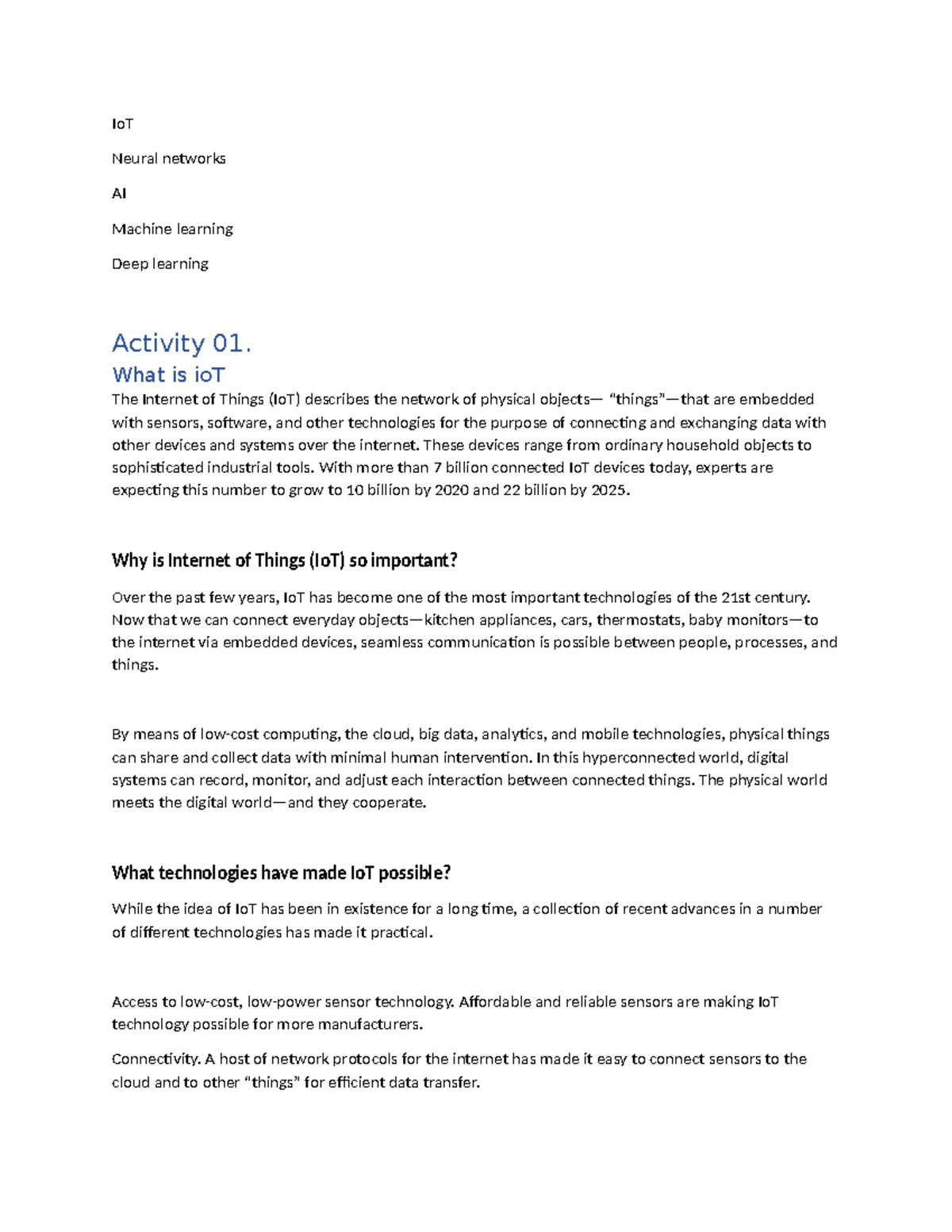 IoT Task 01: Overview and Applications of Internet of Things - Studocu