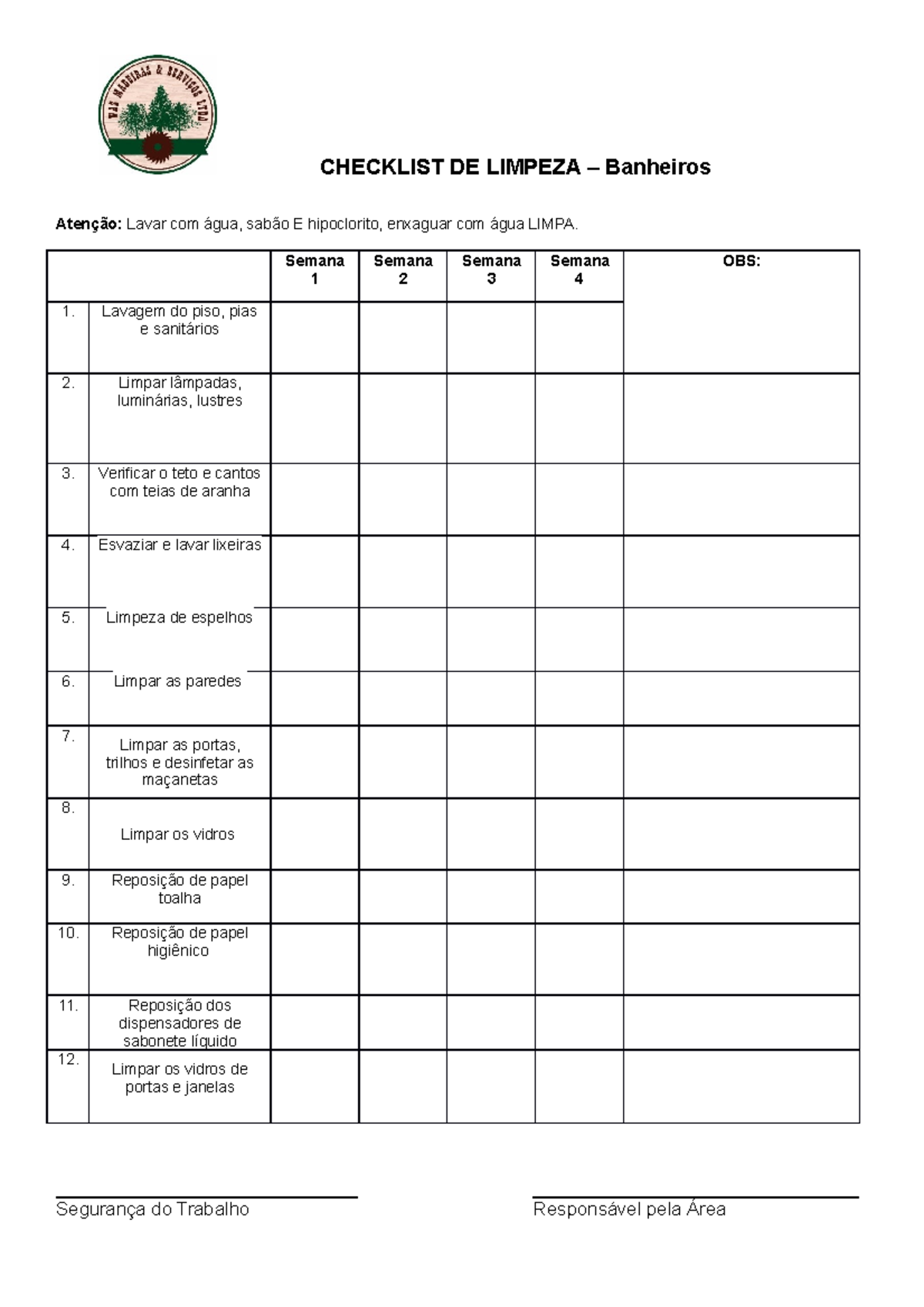 Checklist de Limpeza para Banheiros: Procedimentos Mensais - Studocu