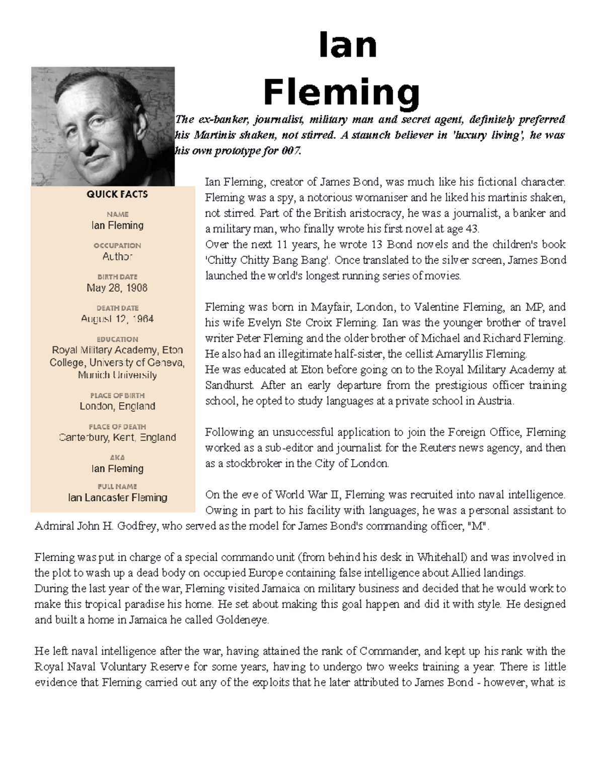 James bonds author ian flemmings biography reading comprehension ...