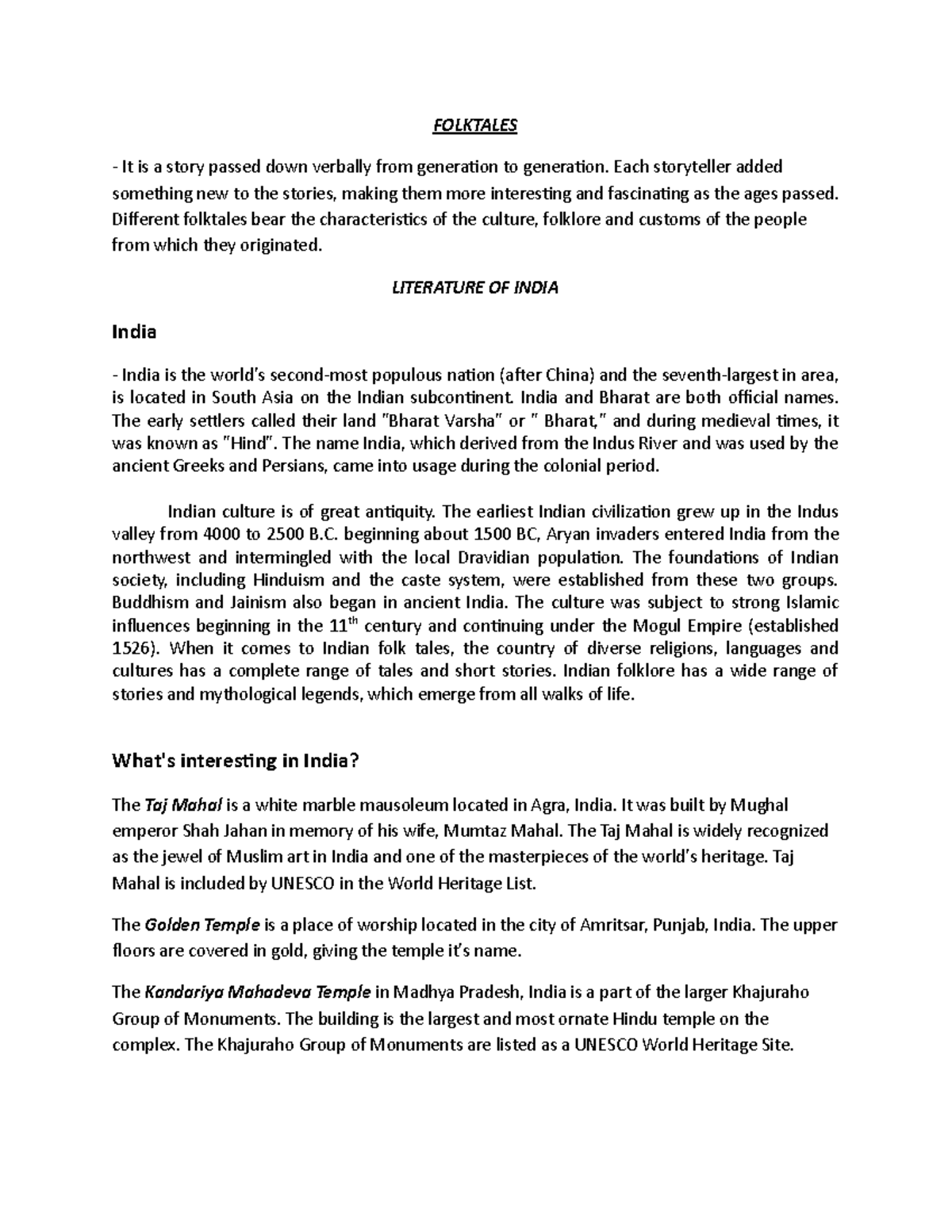 Folktales-and-India 1 - FOLKTALES It is a story passed down verbally ...