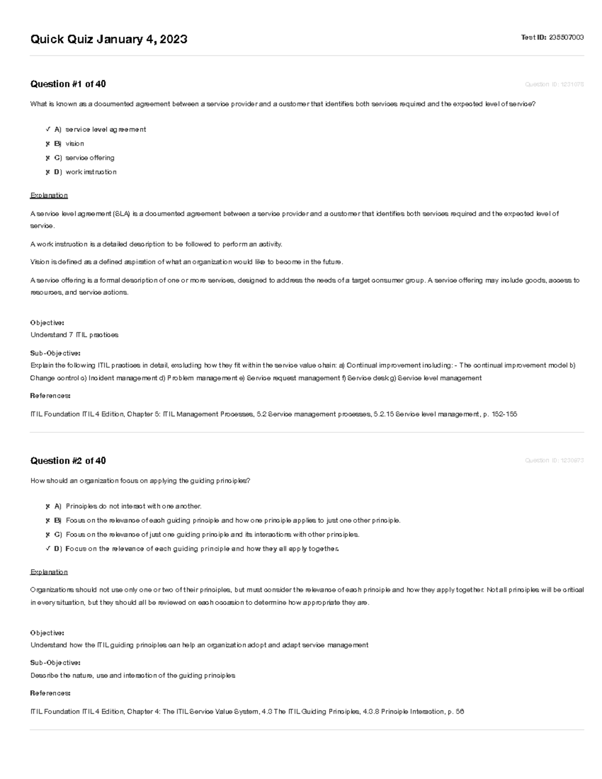 ITIL 4 Exam Simulation - Quick Quiz January 2023 (Test ID: 235507003 ...