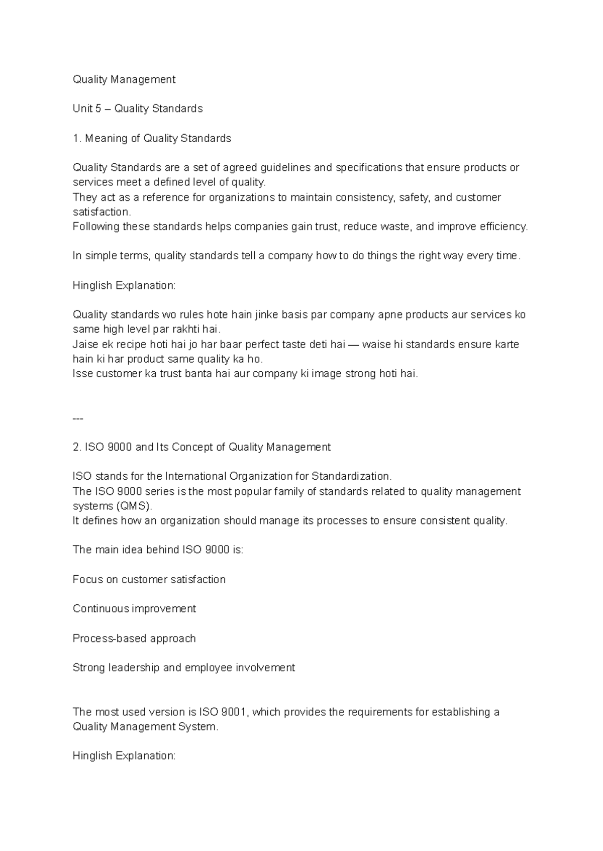 Quality Management Unit 5: Understanding Quality Standards and ISO ...