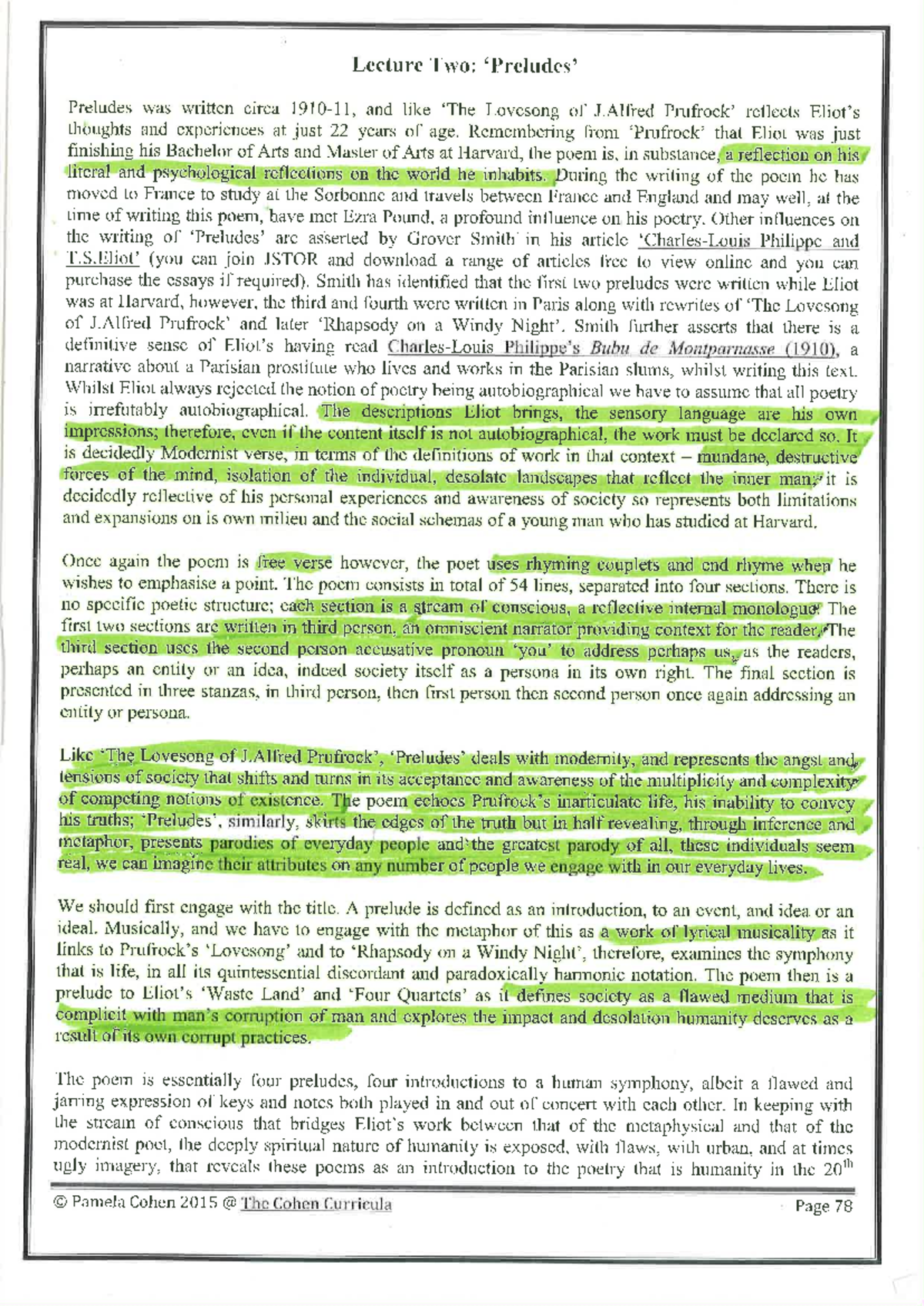 Lecture Notes on T.S. Eliot's "Preludes" Analysis (ENG 201) - Studocu
