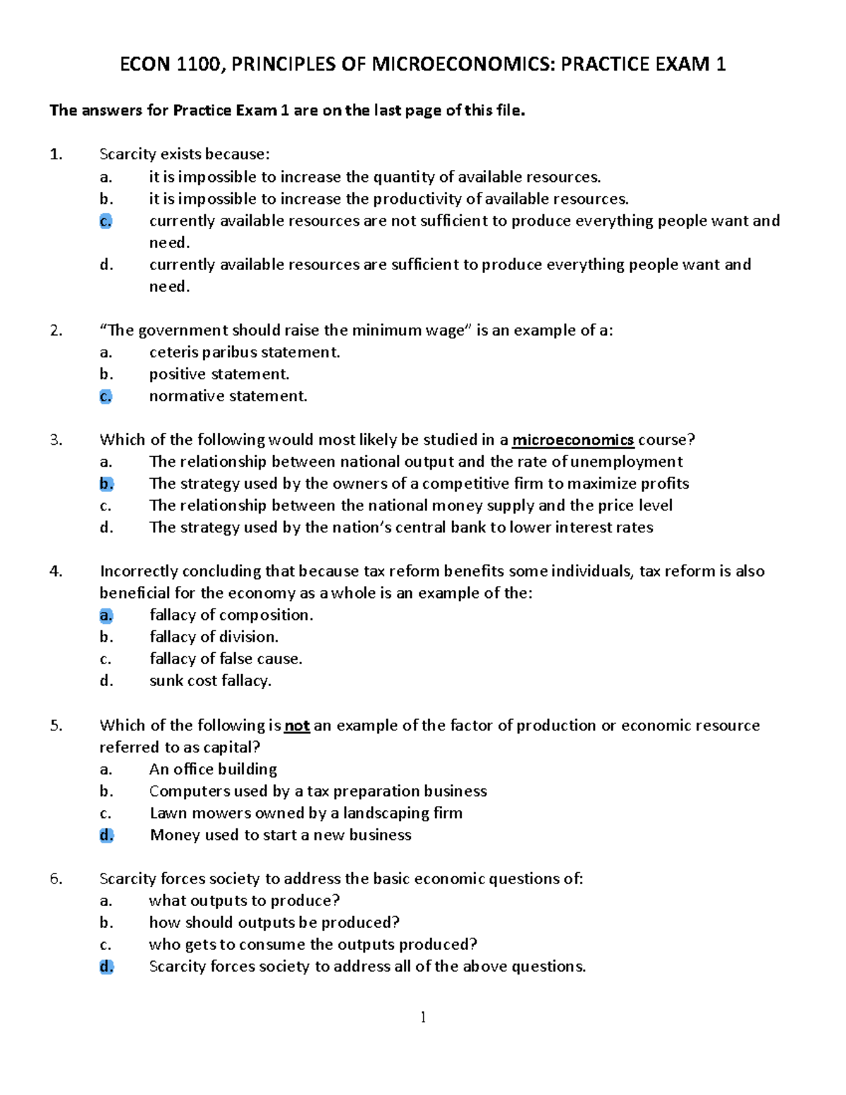 ECON 1100: Microeconomics Practice Exam 1 Answers and Review - Studocu