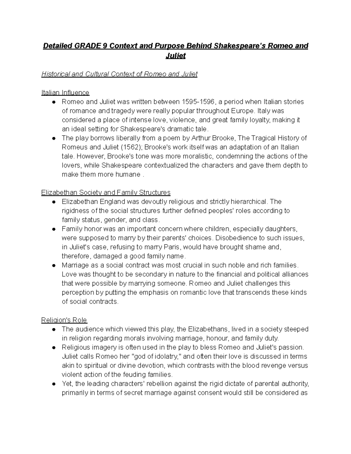 Grade 9 Analysis: Context and Purpose of Shakespeare's Romeo and Juliet ...