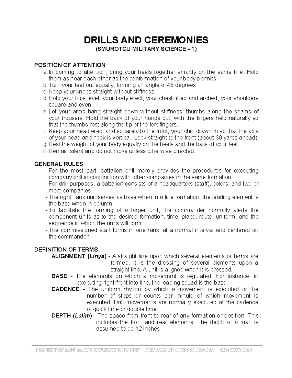 DRILLS AND CEREMONIES (SMUROTCU MILITARY SCIENCE 1) POSITION OF ...