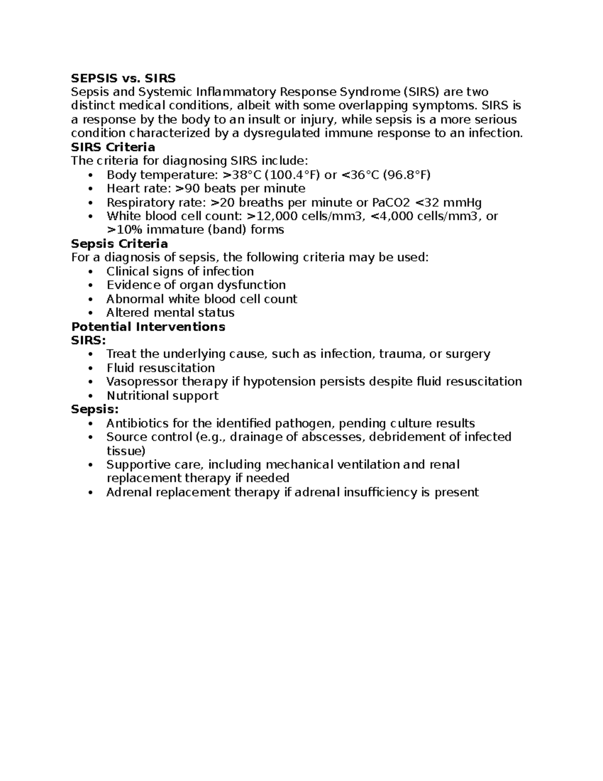 NURS 250: Sepsis vs. SIRS - Nursing Care Summary for Adults - Studocu