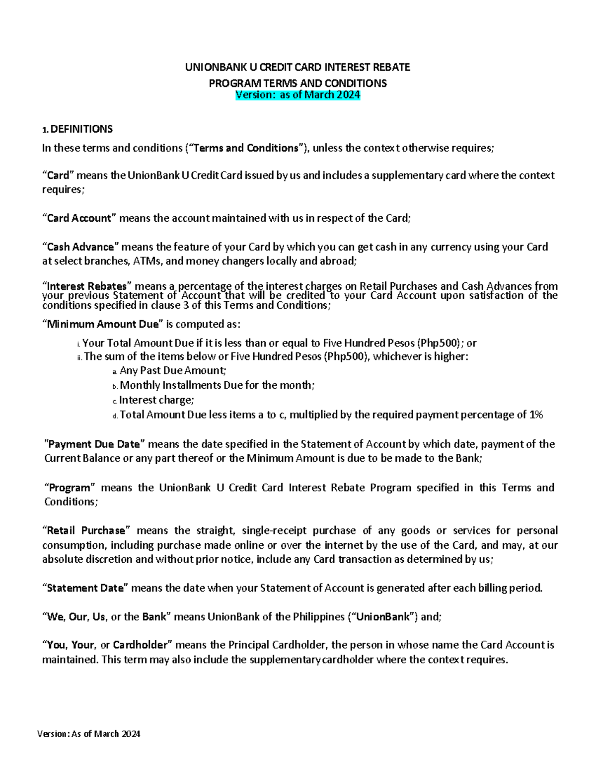 UnionBank U Credit Card Terms & Conditions (Interest Rebate) 03/2024 ...