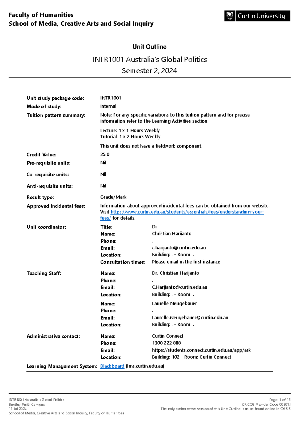 INTR1001 Australia's Global Politics Semester 2 2024 Bentley Perth ...