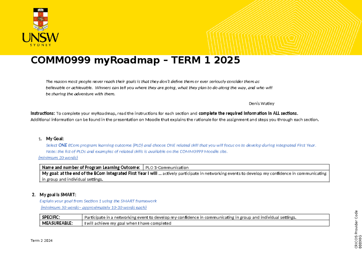 BCom Comm0999 MyRoadmap Term 1 2025: Goal Setting & Skills Development - Studocu
