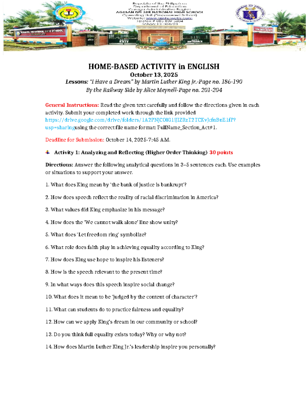 ACTIVITY in ENGLISH 9: Analyzing MLK's Speech & Vocabulary Tasks - Studocu