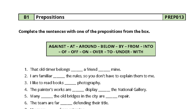 B1 PREP013 Prepositions Practice: Complete the Sentences - Studocu