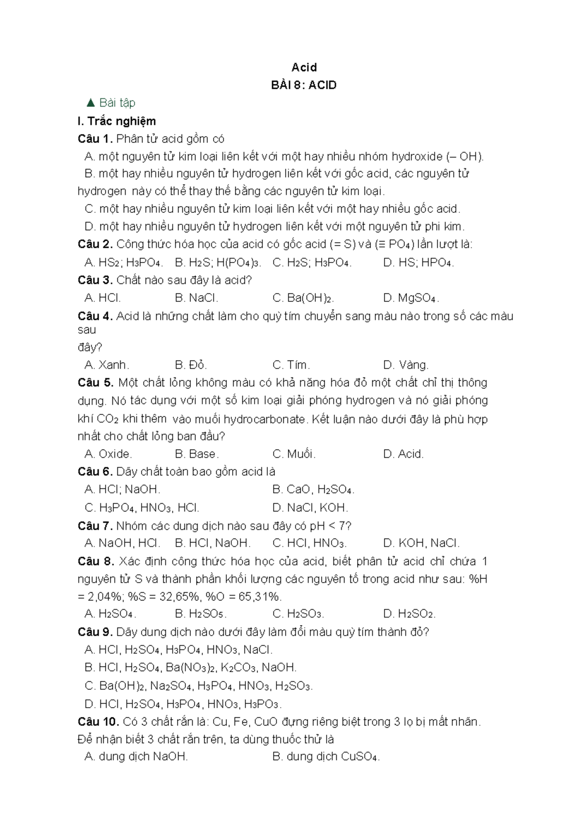 Bài Tập Trắc Nghiệm Về Acid - Môn Hóa Học (VD 8) - Studocu