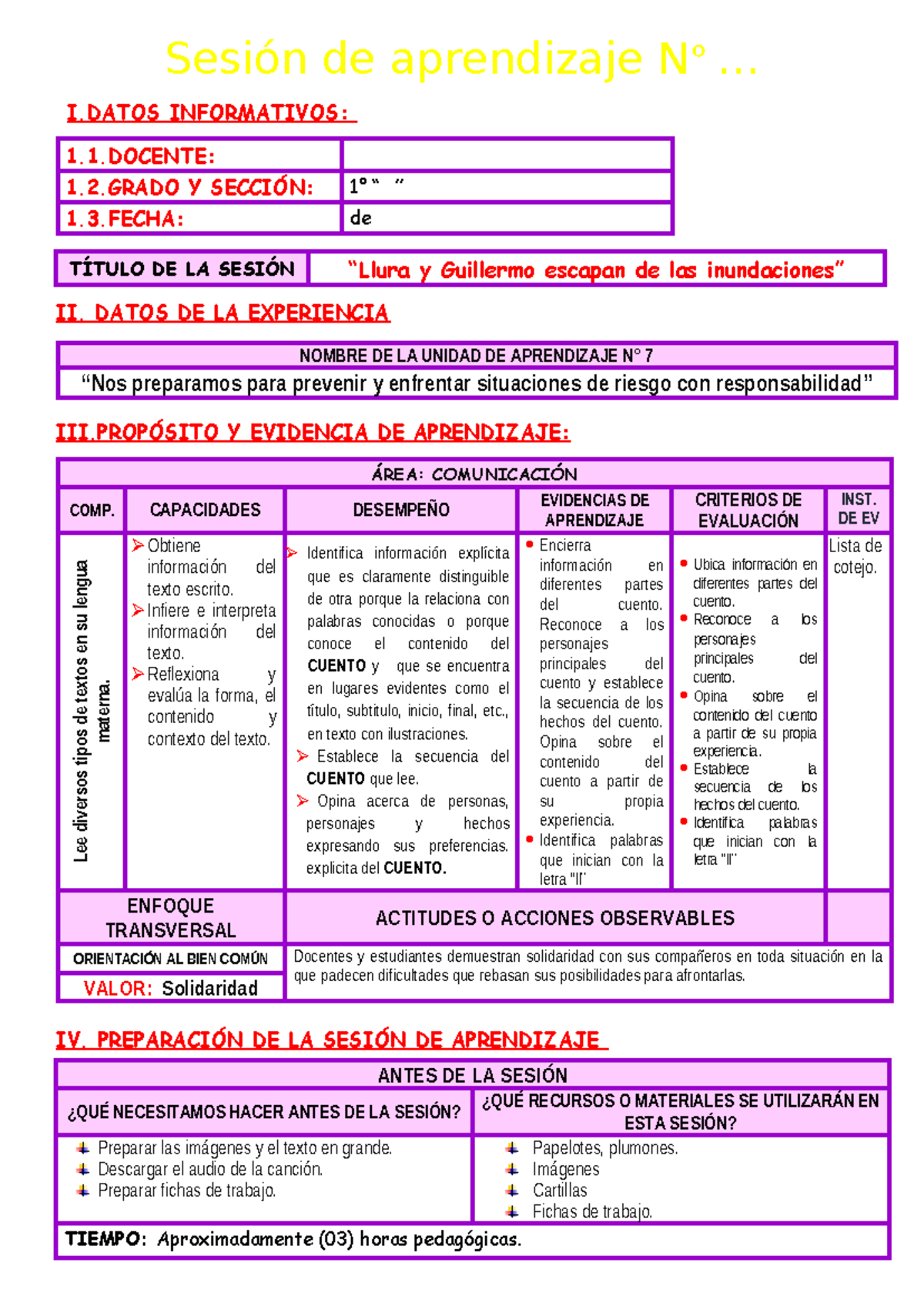 Sesión Aprendizaje: Llura y Guillermo Escapan de Inundaciones - Maestra ...