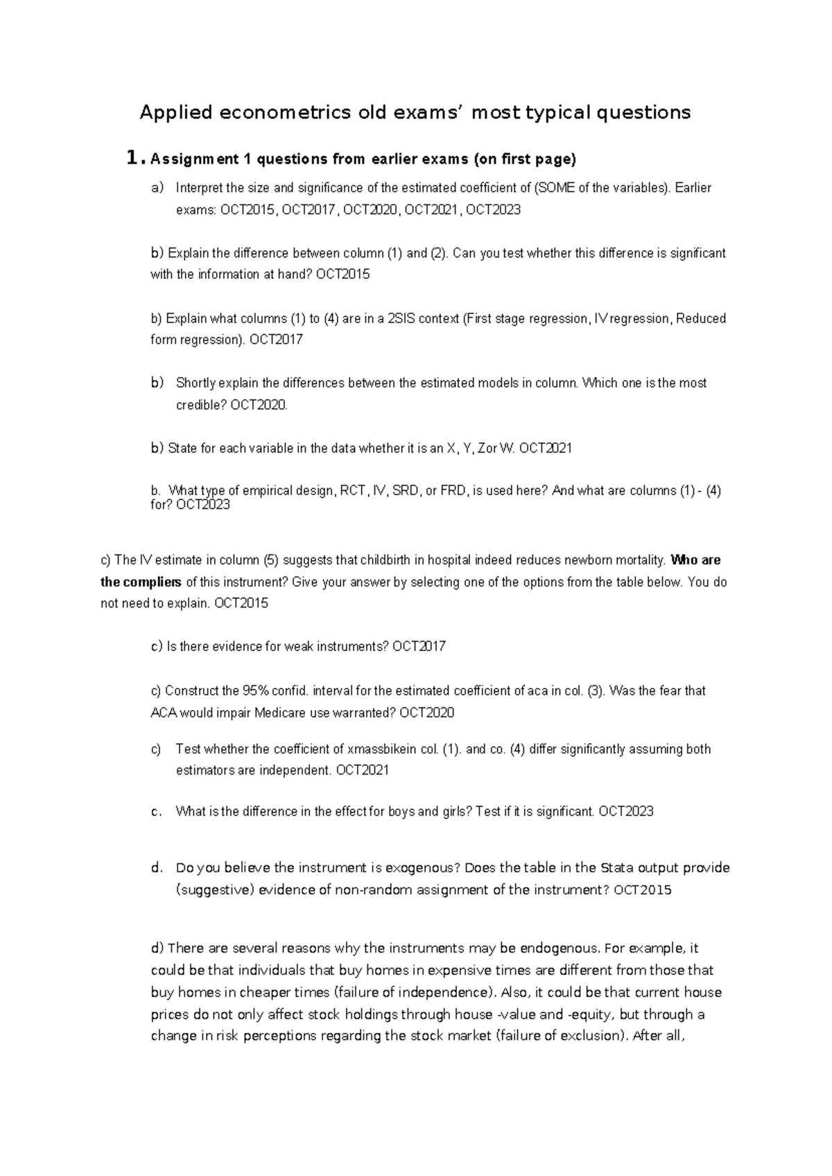 Applied Econometrics (ECON 101) - Typical Exam Questions & Answers ...