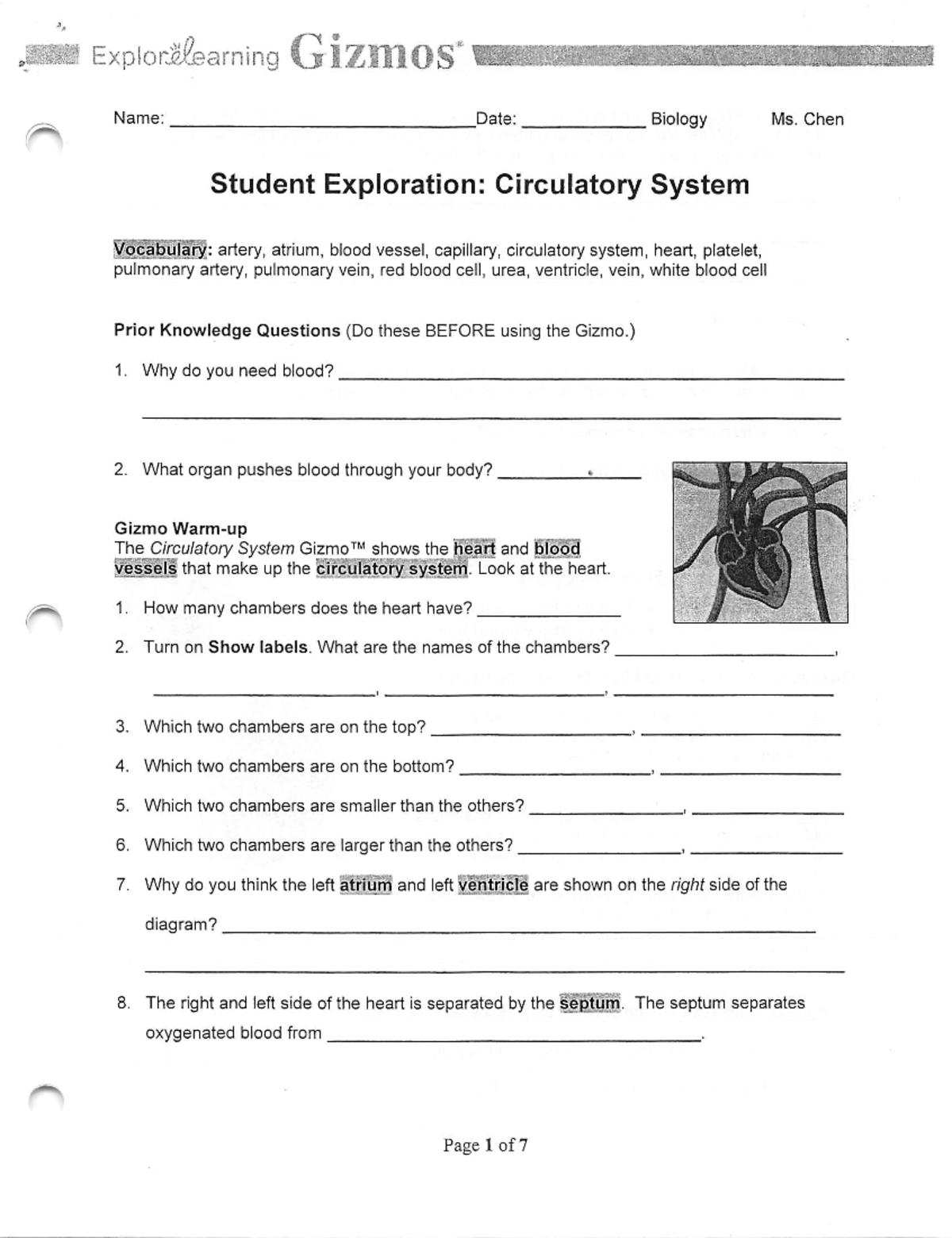 Biology 101: Student Exploration of the Circulatory System Gizmo - Studocu