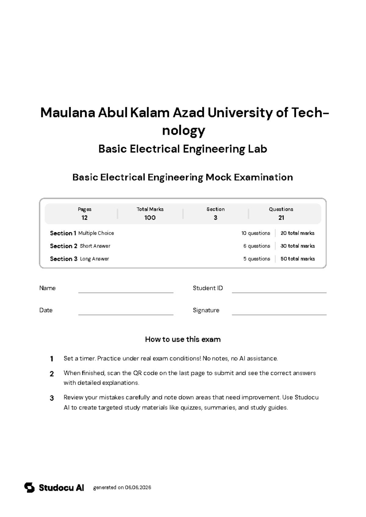 Basic Electrical Engineering Mock Exam - Studocu