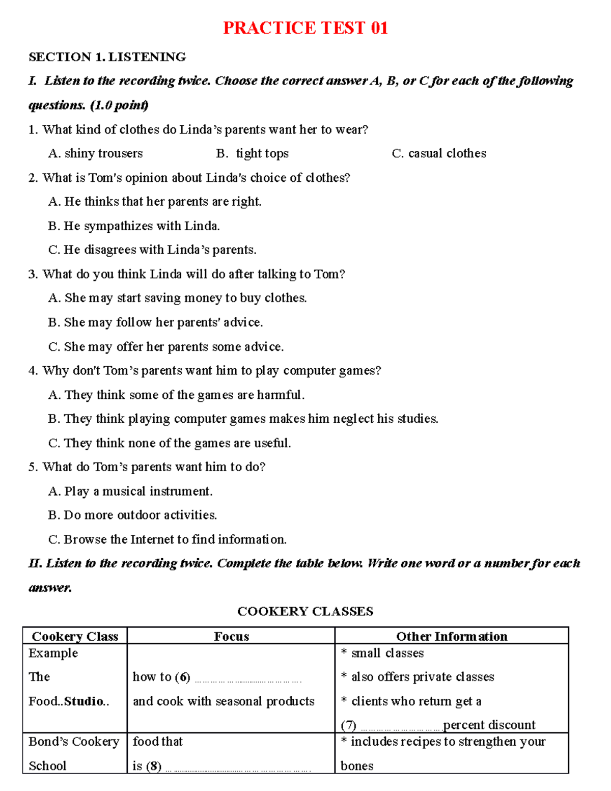 CLB HSG ANH 8 Practice TEST 01: Listening, Phonetics, Lexico-Grammar ...