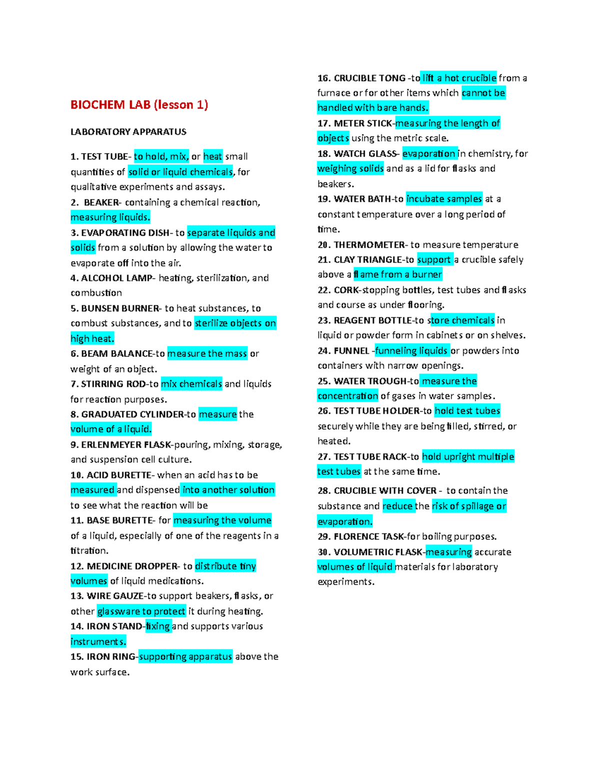 Biochem-Lab Lec - review - BIOCHEM LAB (lesson 1) LABORATORY APPARATUS ...