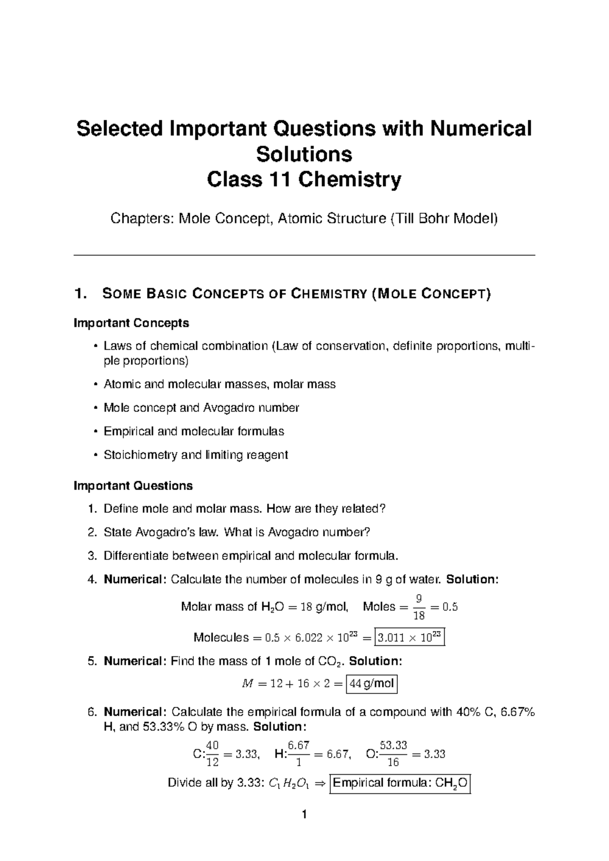 Class 11 Chemistry: Key Questions & Numerical Solutions on Mole Concept ...