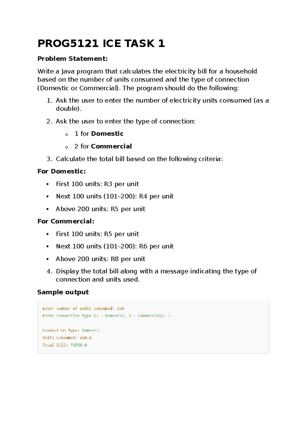 PROG5121 ICE TASK 1 - Java Program for Electricity Bill Calculation - Studocu