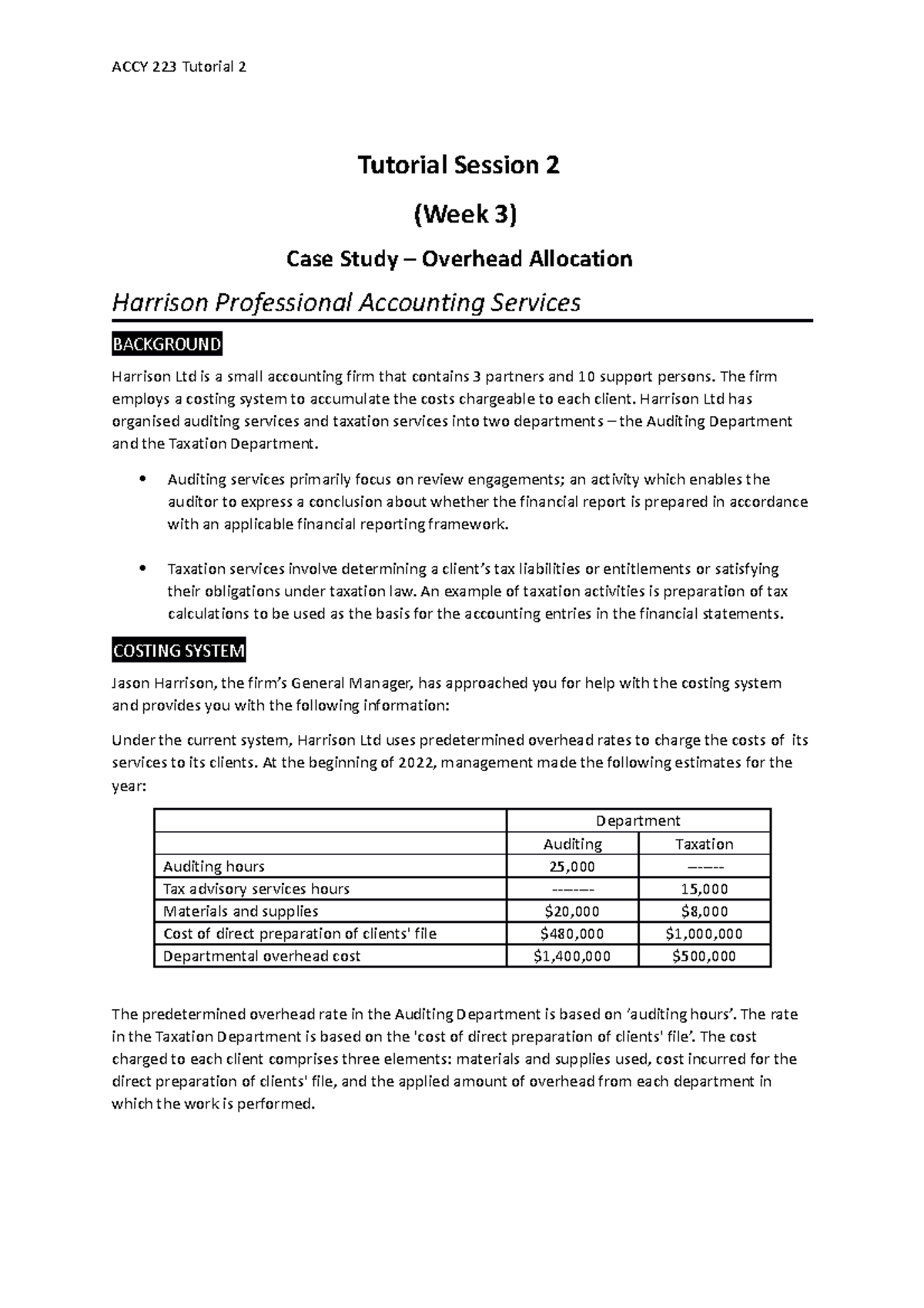 ACCY 223 Tutorial 2: Case Study on Overhead Allocation at Harrison ...