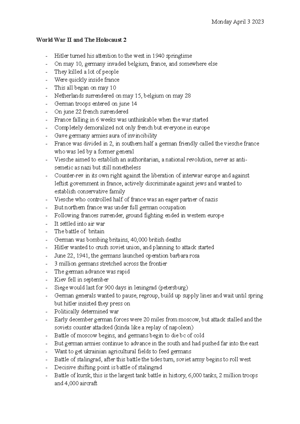 HIST 106- Day 22 Notes - Monday April 3 2023 World War II and The ...