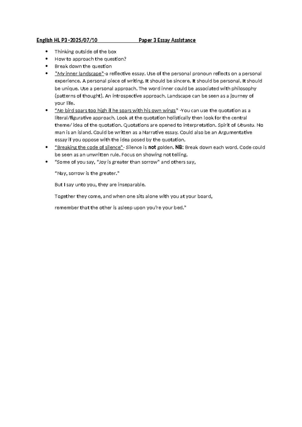 English HL P3 - Essay Guidance: Reflective Writing Techniques - Studocu