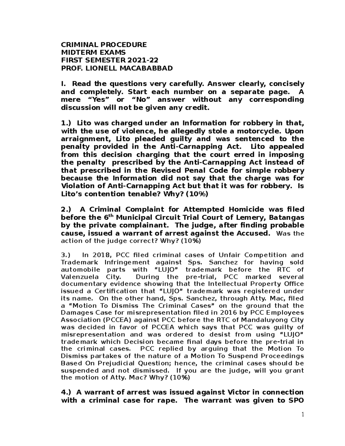 Midterm Exam Questions for Criminal Procedure (CRIMPRO 1st Sem 2020-2021) - Studocu