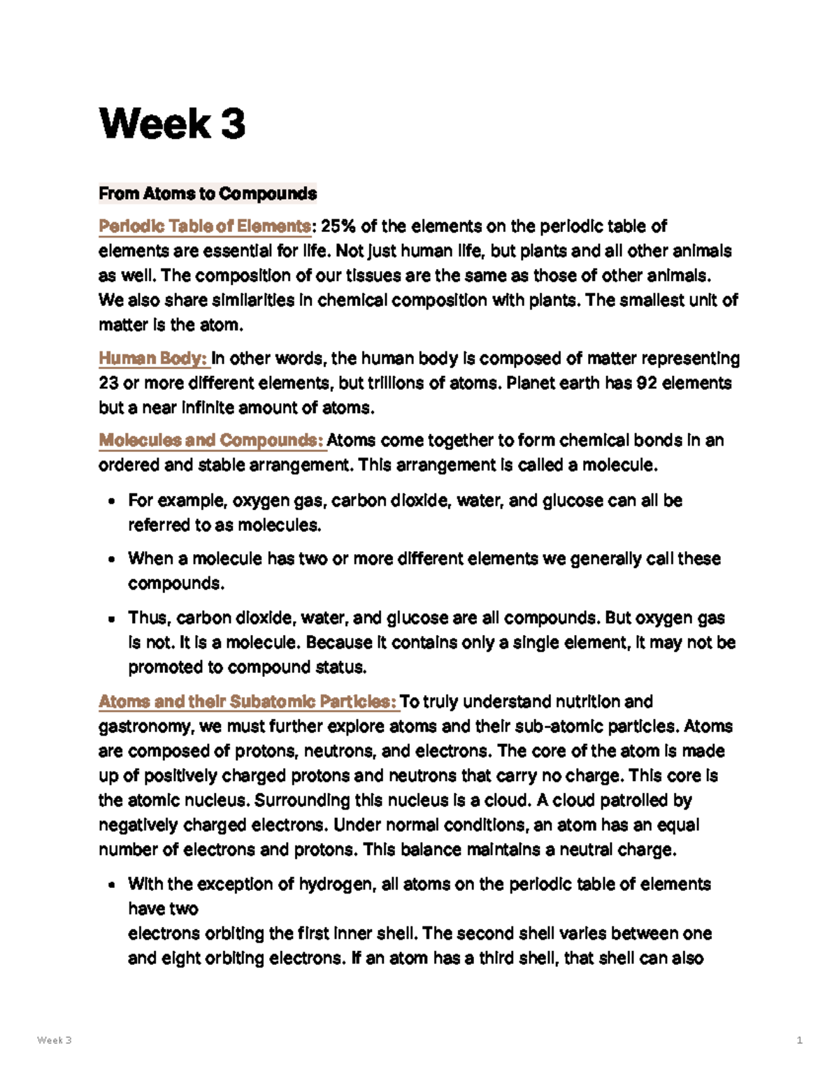 WEEK3BIOL203 - Week 3: From Atoms to Compounds and Chemical Bonds - Studocu