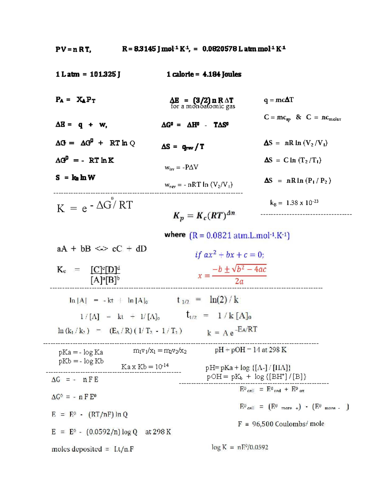 scerri formula sheet - 2 P V = n R T, R = 8 J mol- 1 K- 1 , = 0 L atm ...