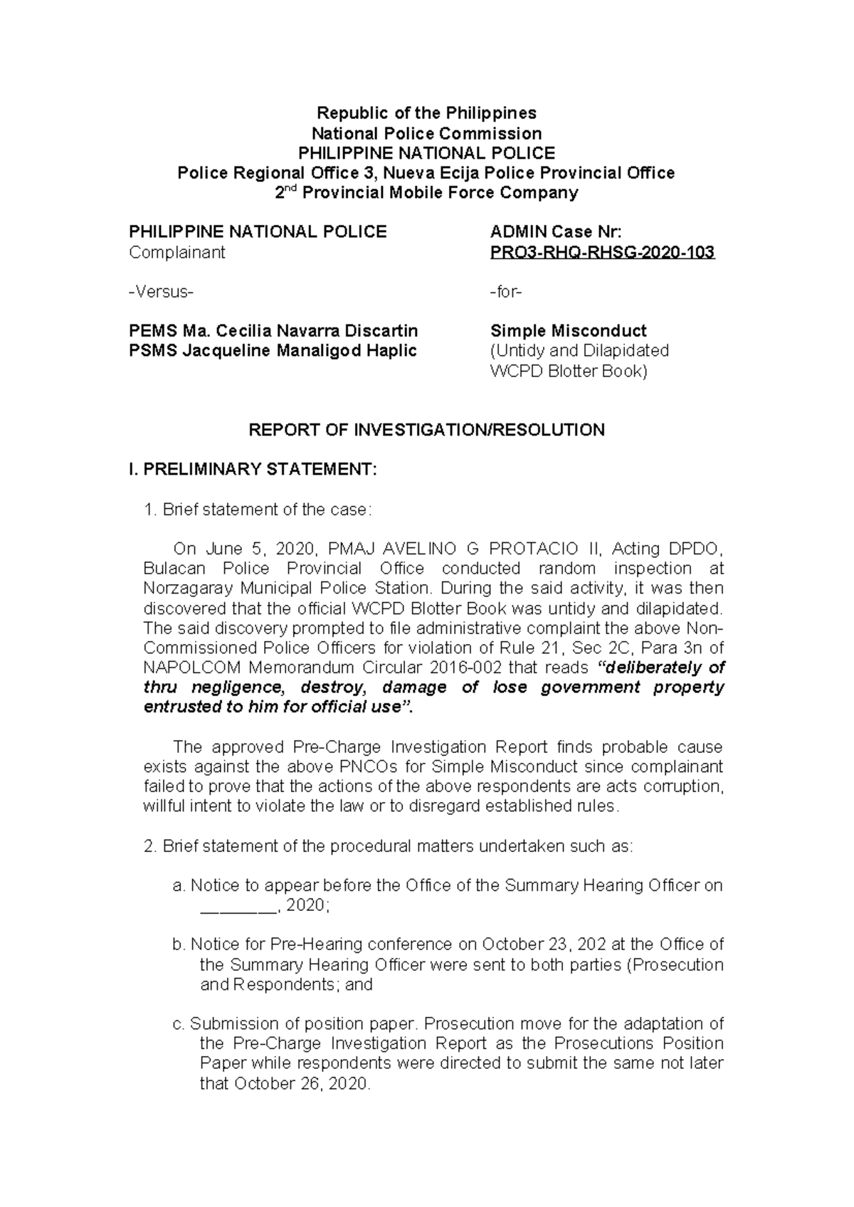 Administrative Case Report: Simple Misconduct of PEMS Discartin & PSMS Haplic - Studocu