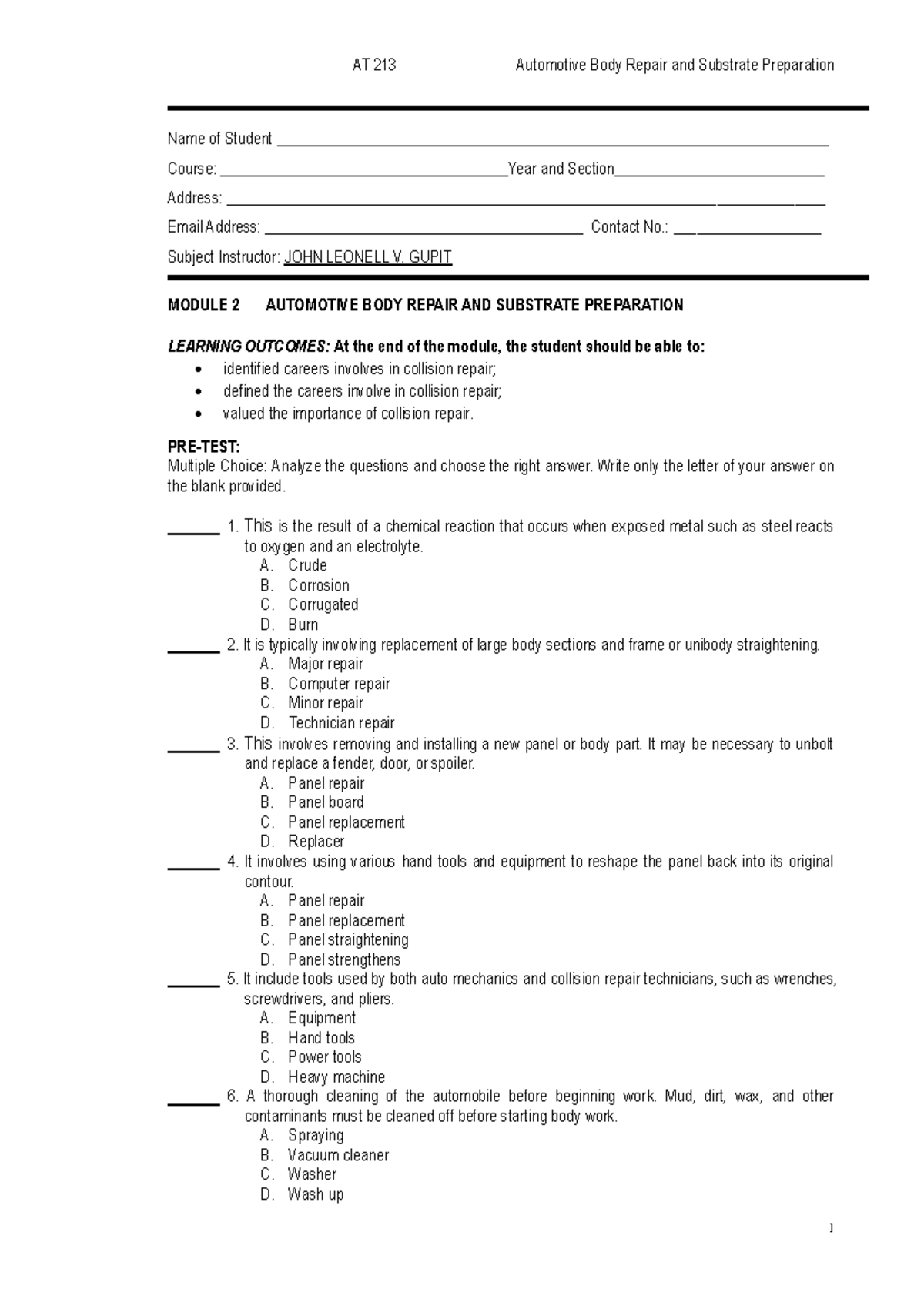 AT 213 Module 2: Automotive Body Repair & Substrate Prep Guide - Studocu