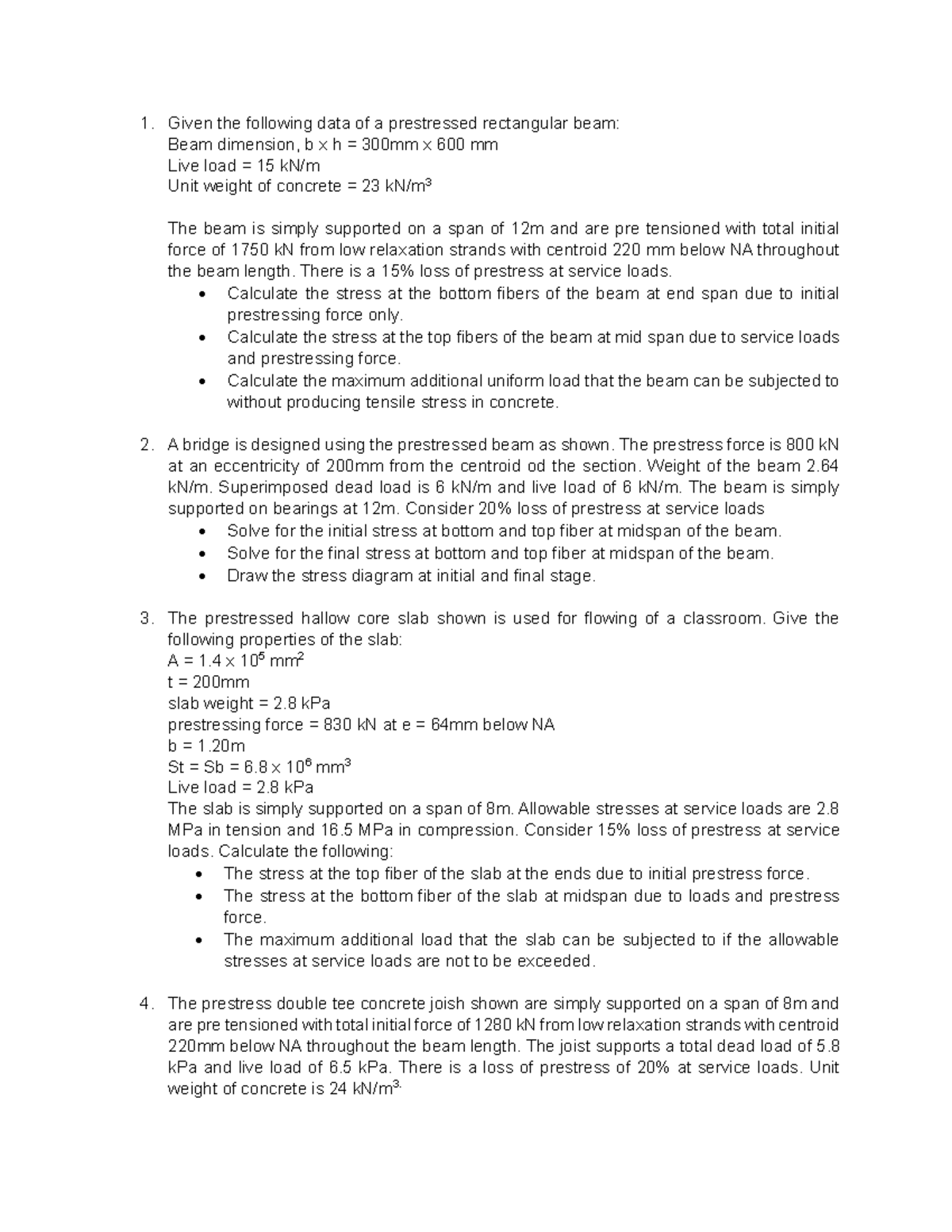 Quiz 2 Sample Problems: Prestressed Beams and Stress Calculations - Studocu